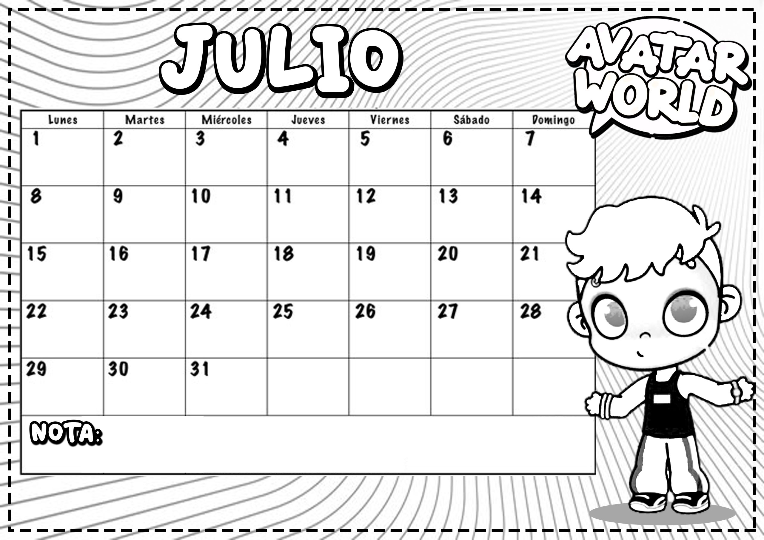 Calendario De Dibujos Animados Julio